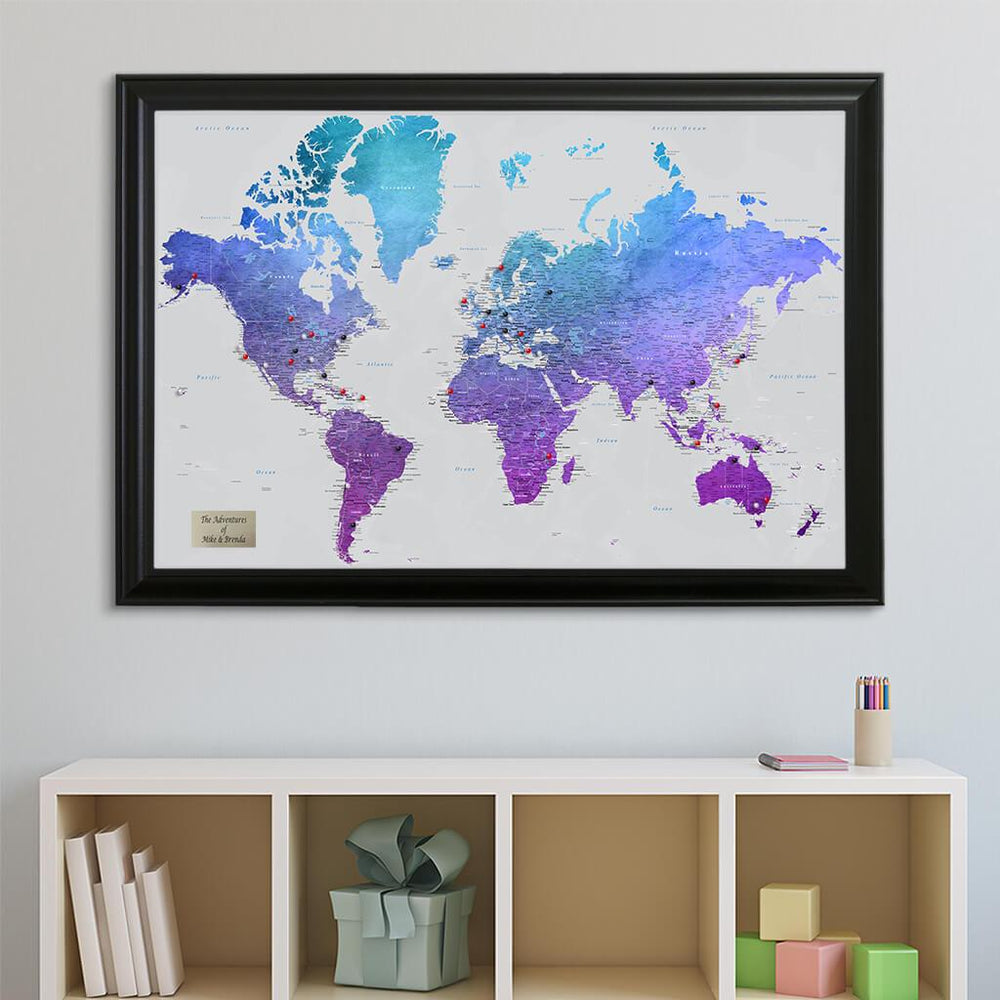 Vibrant Violet Watercolor World Map | Travel Related Gift – Push Pin ...