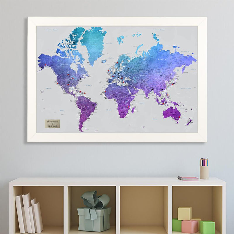 Vibrant Violet Watercolor World Map | Travel Related Gift – Push Pin ...