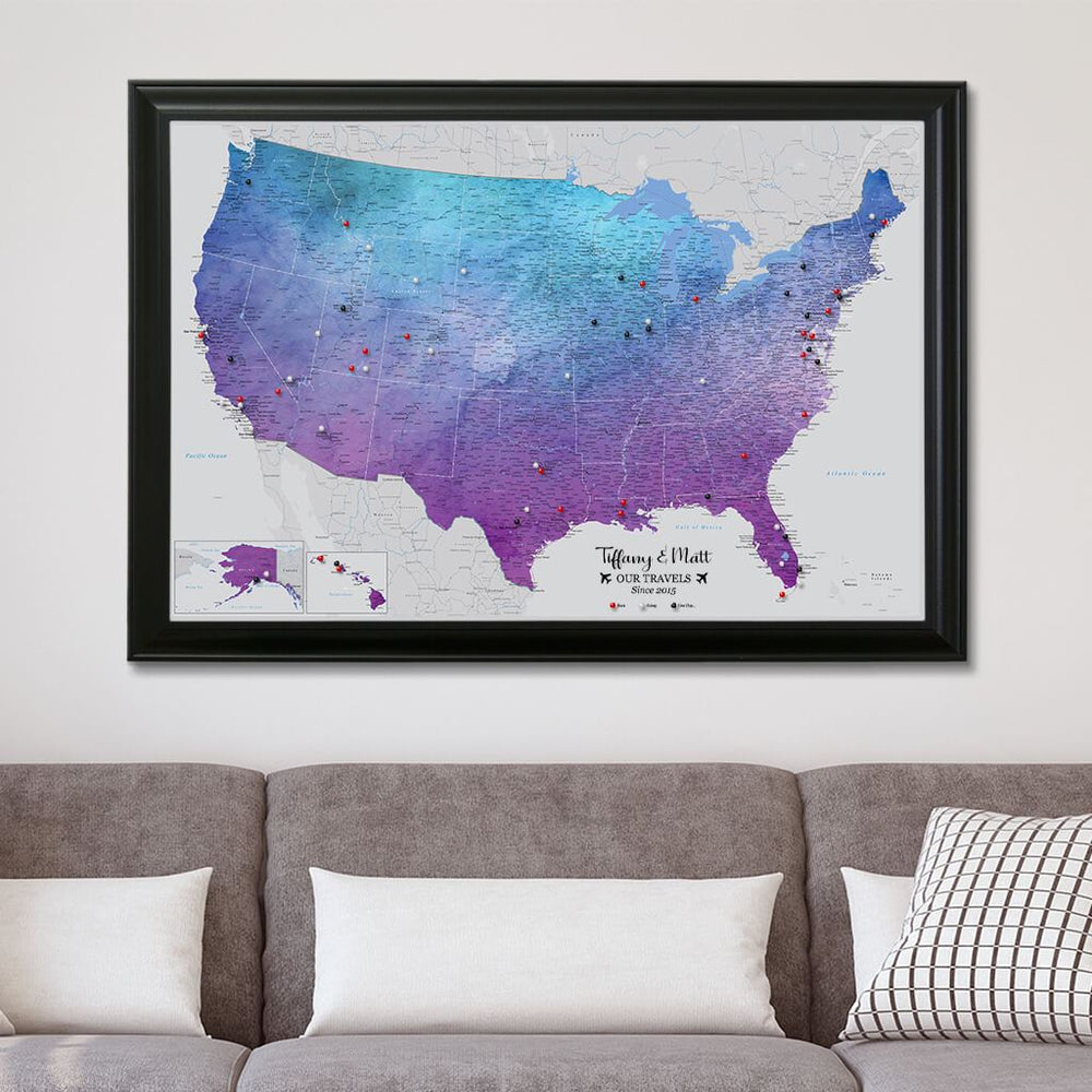 Vibrant Violet USA Canvas Map with Pins | US Watercolor Map | Cotton ...