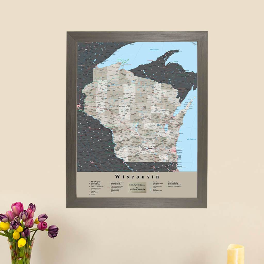 Wisconsin State Travel Map | Framed Travel Map Pinboard - Push Pin ...